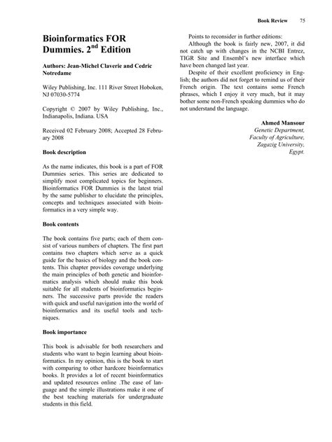 Pdf Bioinformatics For Dummies 2nd Edition 2007 Book Review