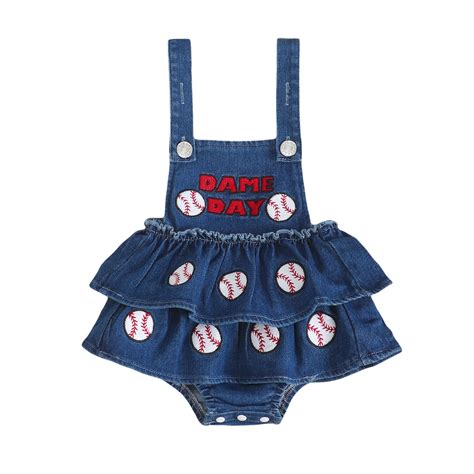 Awzxde Baseball Denim Jumpsuit For Girls With Flounce Hem Cute Playful