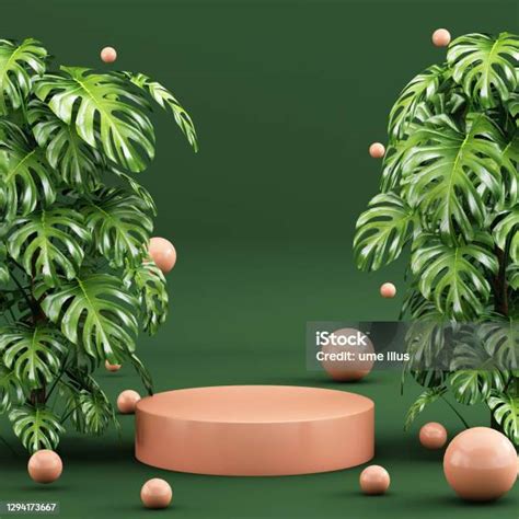 지오메트리 모양 연단과 배경 3d 렌더링 3d 일러스트를 남기는 열대 장면 분홍에 대한 스톡 사진 및 기타 이미지 분홍 열대 기후 떠남 Istock