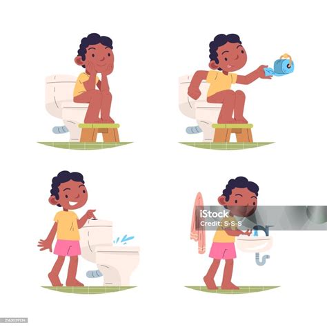 화장실을 사용하는 아이 욕실에 화장실 티슈 화장실 위생 교육 만화 아이 오줌 또는 똥 집 화장실 아기 유아 고급 벡터 일러스트 레이 션에 앉아있는 어린 아이들 가사 집안일에