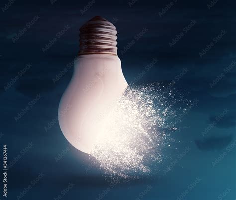Exploding White Bulb With Sky On Background Energy Symbol With Broken Lightbulb Stock