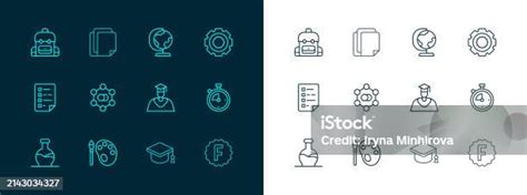 세트 라인 기어 팔레트와 페인트 브러시 졸업생 및 졸업 모자 졸업 분자 지구 지구 학교 배낭 및 파일 문서 아이콘 벡터 가방에 대한 스톡 벡터 아트 및 기타 이미지 Istock