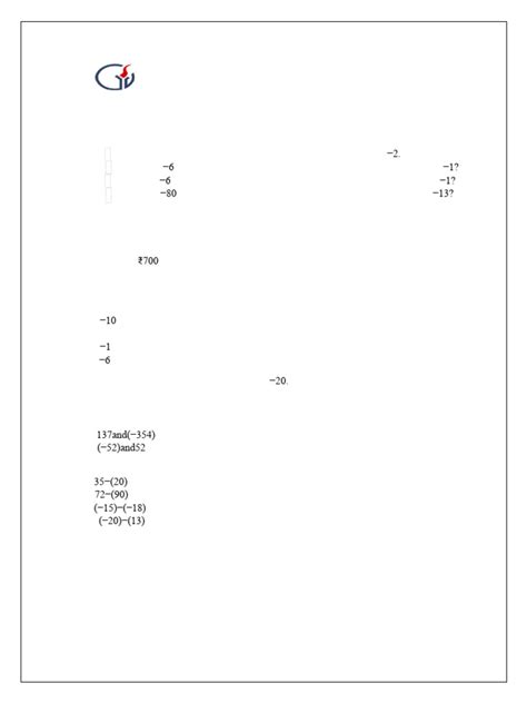 6th Class Maths Integers Worksheet Pdf
