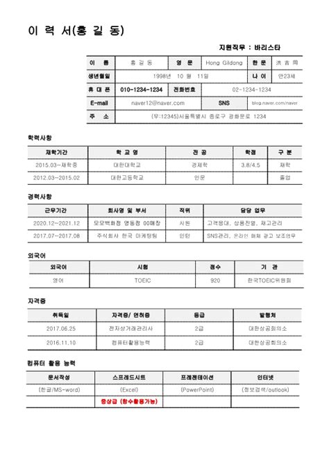 알바 이력서 예시 및 알바천국 이력서 양식 다운 방법 네이버 블로그