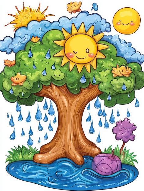 Cartoon Illustration Of A Tree With Rain And Sun Premium AI Generated Image