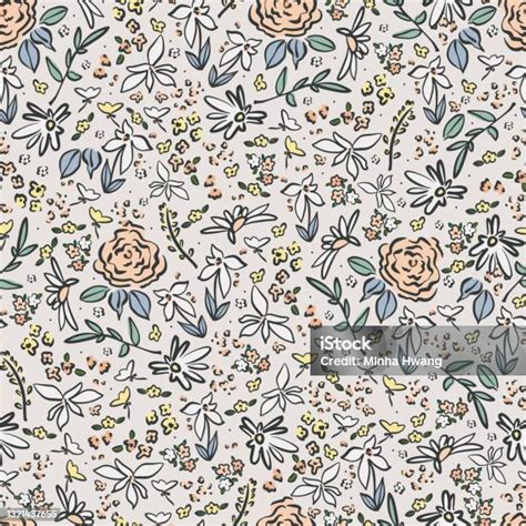벡터 펜 드로잉 작은 복고풍 꽃 일러스트 일러스트 모티프 원활한 반복 패턴 디지털 파일 무늬 아트워크 패션 홈 데코 프린트 직물 직물 0명에 대한 스톡 벡터 아트 및 기타