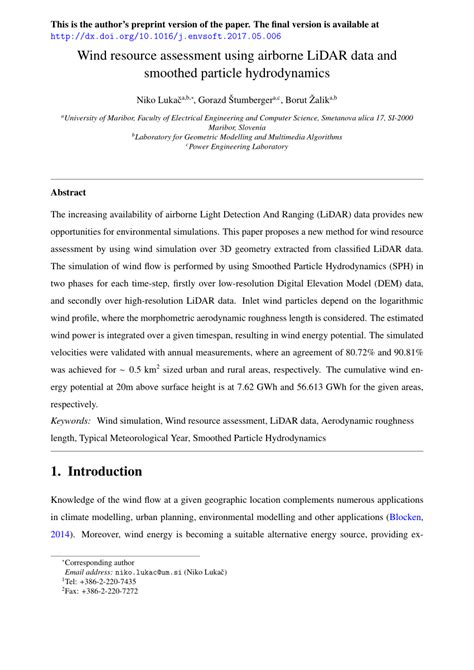 Pdf Wind Resource Assessment Using Airborne Lidar Data And Smoothed Particle Hydrodynamics