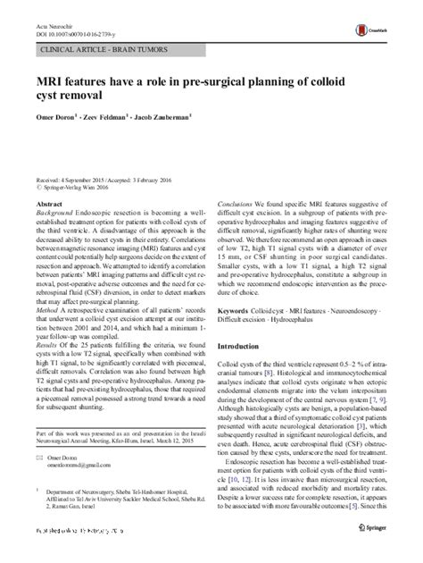 Pdf Mri Features Have A Role In Pre Surgical Planning Of Colloid Cyst