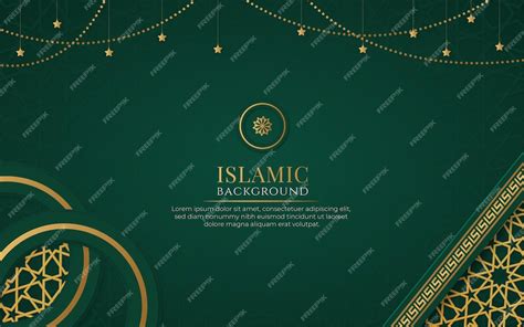 아랍어 패턴과 장식 장식이 있는 이슬람 녹색 및 황금색 고급 배경 프리미엄 벡터