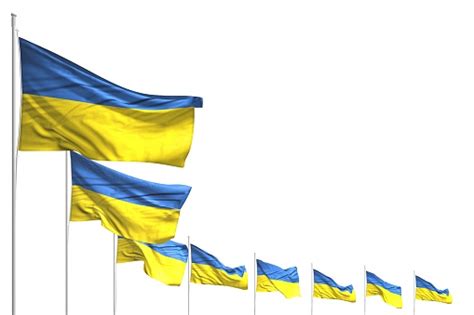 아름 다운 축 하 깃발 3d 그림 많은 우크라이나 플래그는 콘텐츠에 대 한 장소와 흰색 절연 대각선 배치 0명에 대한 스톡 사진