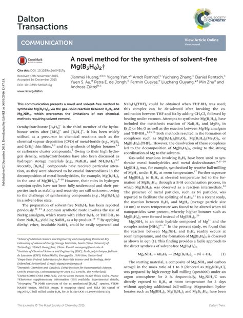 PDF A Novel Method For The Synthesis Of Solvent Free Mg B3H8 2