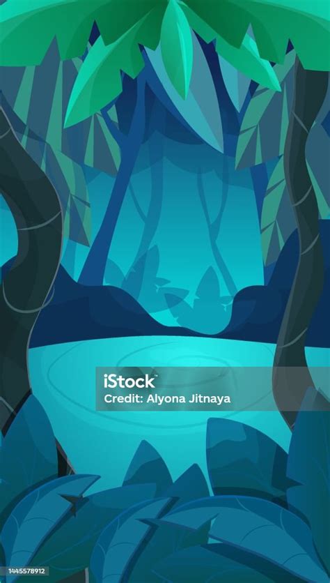 정글 숲 게임 스플래시 화면 만화 스타일의 수직 배경 어두운 마법의 밤 Ui 디자인 요소 나무 식물 나뭇잎 벡터 그림 0명에 대한 스톡 벡터 아트 및 기타 이미지 Istock