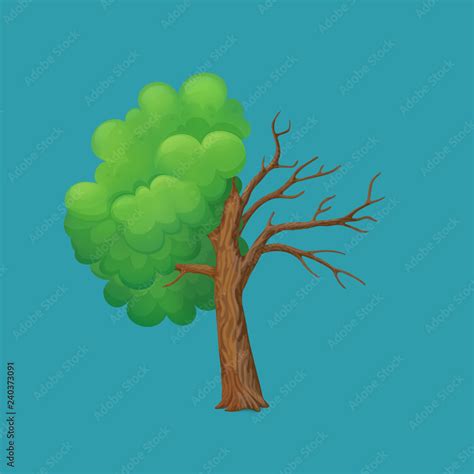 Cartoon Tree Split In Half Isolated On A Blue Background Part With Lush Green Leaves And Dry