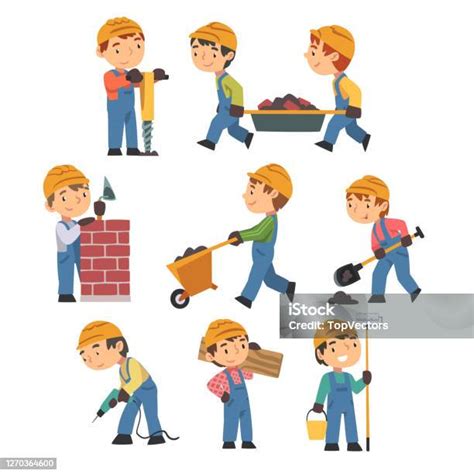 전문 도구 세트와 작은 빌더 액션 만화 스타일 벡터 일러스트에서 파란색 바지와 하드 햇을 입고 소년 건설 노동자 캐릭터 건설