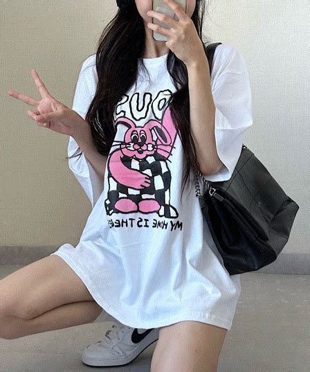 Y2k 뉴진스 핑크 토끼 체크 오버핏 박시티 반팔티 에이블리