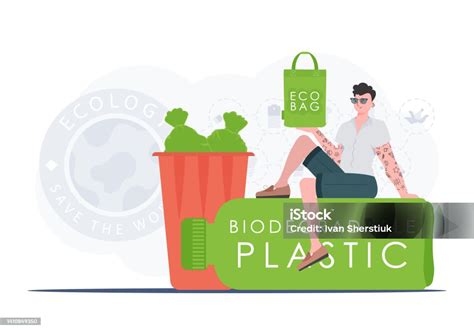 생태학과 환경 보호의 개념 그 남자는 생분해 성 플라스틱으로 만든 병에 앉아서 Eco Bag를 손에 쥐고 있습니다 패션 트렌드 벡터 일러스트레이션 0에 대한 스톡 벡터 아트