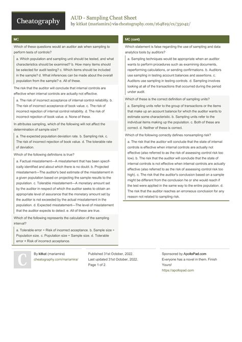 Aud Sampling Cheat Sheet By Mariamira 2 Pages Business Accounting Auditing R Cheatography