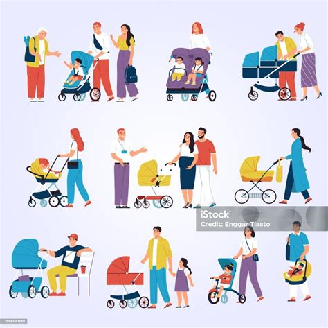 유모차와 함께 걷는 편평한 세트 부모 고립된 색깔 배경 벡터 삽화 부모에 대한 스톡 벡터 아트 및 기타 이미지 부모 유모차 마차 Istock