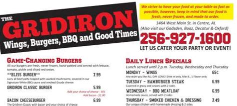 Menu For The Gridiron Of Centre In Centre Al Sirved