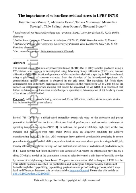 Pdf The Importance Of Subsurface Residual Stress In Laser Powder Bed