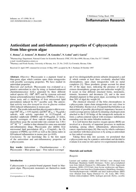 Pdf Antioxidant And Anti Inflammatory Properties Of C Phycocyanin From Blue Green Algae