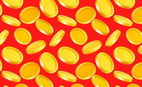 빨간 배경에 다른 각도를 가진 파리 황금 샤인 동전의 벡터 그림 빈 황금 동전 비 게임 칩 도박 및 카지노 칩 지불 및 투자에 대 한 돈 현금 기호와 원활한 패턴의 3d