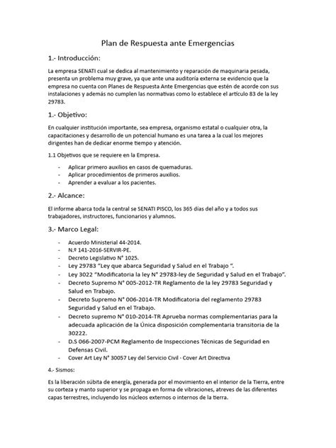 Plan De Respuesta Ante Emergencias Pdf Primeros Auxilios Laboratorios