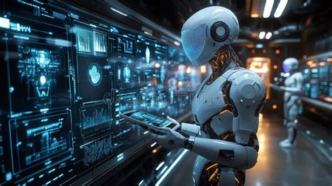 A Futuristic Workspace With Artificial Intelligence Analyzing Data On Advanced Screens Stock