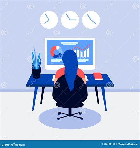 Girl And Monitor Screen With Data Analysis Graph Stock Vector