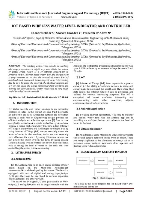 Pdf Irjet Iot Based Wireless Water Level Indicator And Controller
