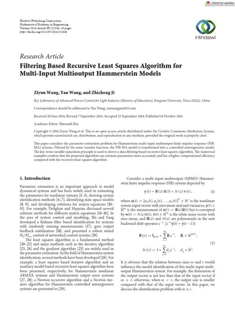 Mathematical Problems In Engineering 2014 Wang Filtering Based Recursive Least Squares