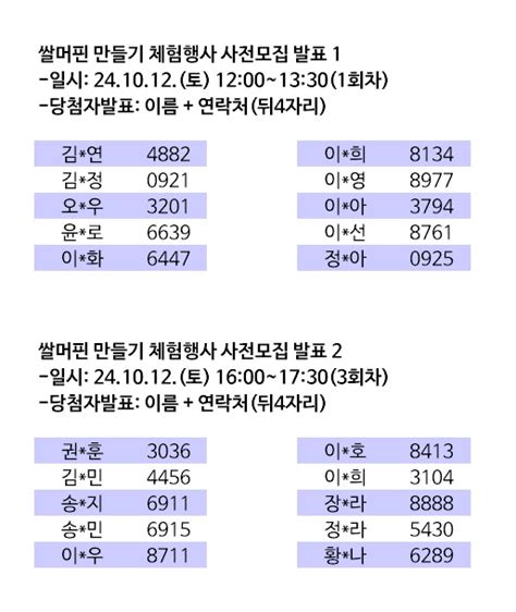 2024 빵빵데이 천안 쌀머핀 만들기 선정자 발표 ㄱㄴㄷ순