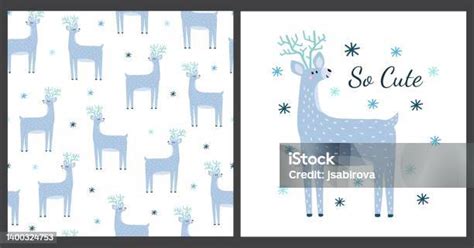 귀여운 사슴 프린트와 원활한 패턴 세트 아이들을위한 재미있는 그래픽 컬렉션 수집에 대한 스톡 벡터 아트 및 기타 이미지 수집