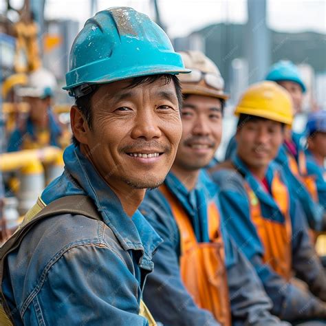 Five Bluecollar Asian Workers Smiling Lined Up Facing Camera With
