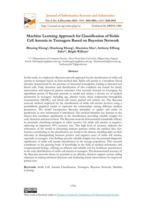 Pdf Machine Learning Approach For Classification Of Sickle Cell Anemia In Teenagers Based On