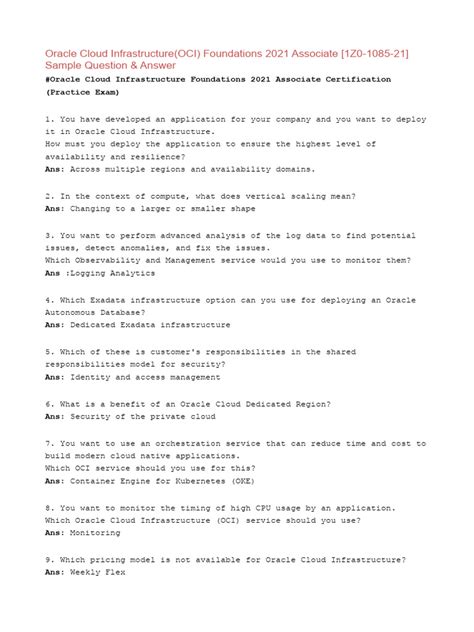 Oracle Cloud Infrastructure Oci Foundations 2021 Associate 1z0 1085 21 Sample Question