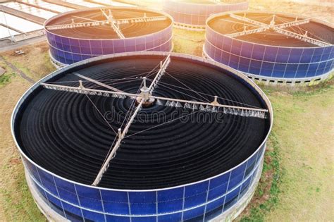 Aerial View Large Circular Biofilter Tanks At Wastewater Treatment
