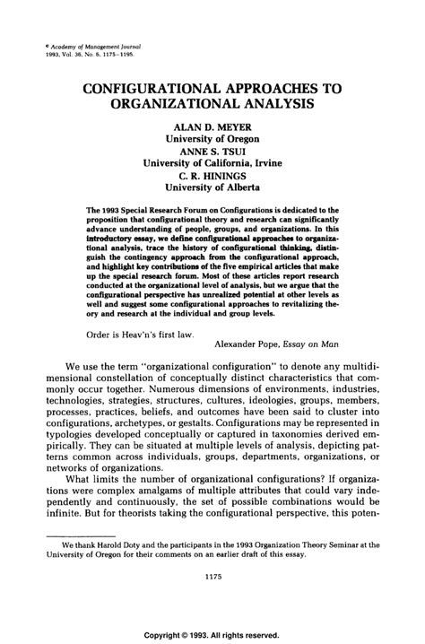 Pdf Configurational Approaches To Organizational Analysis