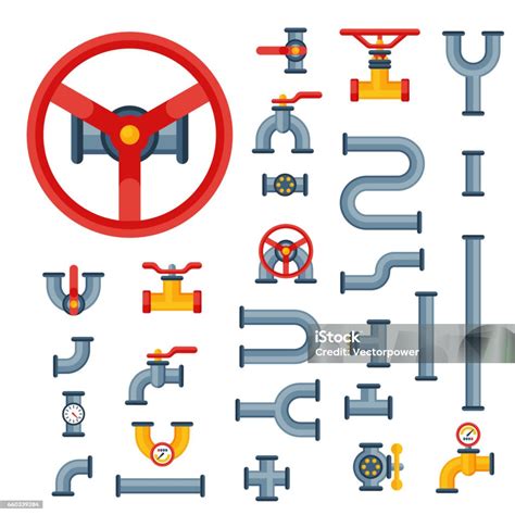 세부 물 튜브 산업 가스 밸브 건설과 석유 산업 압력 기술 배관 벡터 일러스트 레이 션의 파이프 종류 컬렉션 관 튜브에 대한