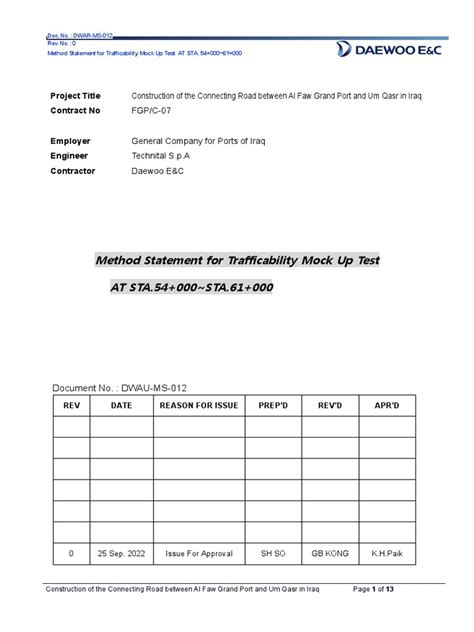 Method Statement For Trafficability Mock Up Test Download Free Pdf