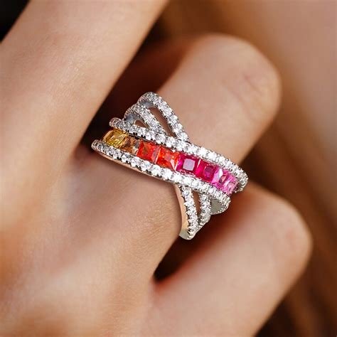 Pincess Cut Multicolor Sapphire Rainbow Cocktail Ring Sayabling