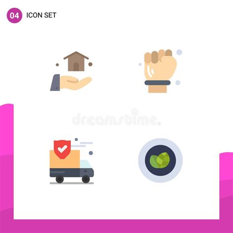 set of 4 vector flat icons on grid for building security labour hand