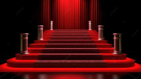 계단 경로 장벽이 있는 높은 연단의 3d 렌더링 및 프로젝션 조명이 있는 빛나는 레드 카펫 레드 카펫 레드 카펫 배경 시상식 배경 일러스트 및 사진 무료 다운로드