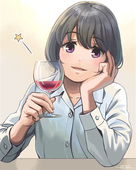 Safebooru 1girl Alcohol Blue Hair Blush Bob Cut Collared Shirt