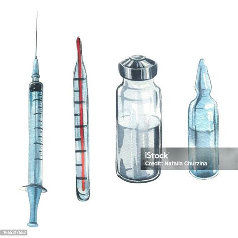 온도계 주사기 및 앰플 수채화 그림입니다 Veterinary 컬렉션의 흰색 배경에 격리된 개체 집합입니다 장식과 디자인을 위해 개체 그룹에 대한 스톡 벡터 아트 및 기타