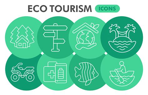 생태 관광 기호 모음 또는 스케치 웹 및 앱을위한 얇은 선 스타일 표지판의 생태 테마 거품 흰색 배경에 고립된 벡터 그래픽입니다 가리키기에 대한 스톡 벡터 아트 및 기타