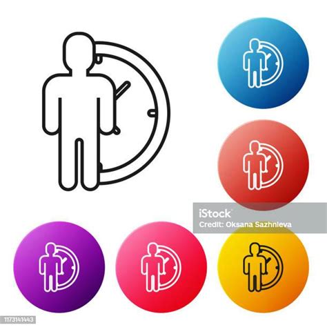 흰색 배경에 격리된 검은색 선 시간 관리 아이콘입니다 시계 및 기어 기호 생산성 기호입니다 아이콘 다채로운 원 버튼을 설정합니다 벡터 일러스트레이션 0명에 대한 스톡 벡터