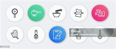 세트 라인 도마와 칼 주방 고기 분쇄기 오븐 장갑 요리사 모자 반죽에 밀대 아시아 국수 그릇 주걱 및 피자 아이콘 벡터 0명에 대한 스톡 벡터 아트 및 기타 이미지 Istock