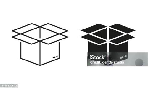 실루엣 및 선 아이콘 세트를 배송하기 위한 골판지 상자를 엽니다 열린 판지 패키지 보관 팩 픽토그램 배달 소포 상자 블랙 사인 편집 가능한 획 고립된 벡터 그림 0명에 대한