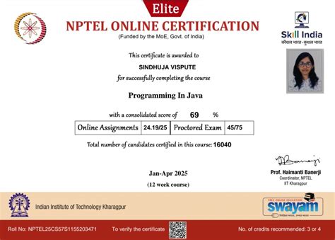 Java Nptel Elitecertificate Iitkharagpur Skillindia Programming Sindhuja Vispute